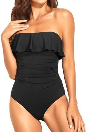 Holipick Maillot de bain une pi&egrave;ce sans bretelles pour femme - Contr&ocirc;le du ventre - Bandeau &agrave; volants - Maillot de bain amincissant, noir, Taille XL