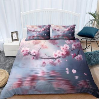 Generic Bettwäsche 135 x 200 cm 2 teilig Bettbezug Mikrofaser Bettwäsche-Sets mit Kissenbezug 80x80 cm, Bettwäsche Set Blumen Kirschblütenzweige Design für mi