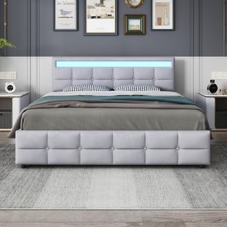 Suky Brand Polsterbett 180 * 200CM, Doppelbett LED-Bettgestell, Lattenrost und R&uuml;ckenlehne mit 4 Schubladen, Hautfreundliches Doppelbett aus Samtstoff f&uuml;r Erwach