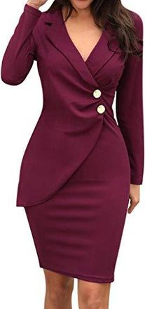 Lazzboy Femmes Robe Moulante Sexy Slim Fit Mini Robe Bouton Blazer Robes de Soir&eacute;e Chic Manches Longues Bordeaux XXL