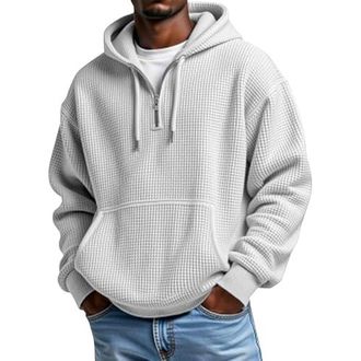 Generic Sweat &agrave; capuche pour homme - Motif gaufr&eacute; - Manches longues - Avec fermeture &eacute;clair 1/4 - Couleur unie - Confortable - Pull en tricot d&eacute;contract&eacute; - Av