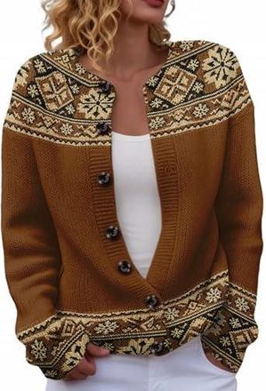 Generic Cardigan pour femme boutonné vintage imprimé floral pull pour femme décontracté chaud manches longues tricot doux, Imprimé Fairisle 02, XL