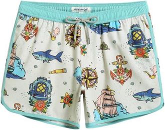 Maamgic Short de Bains Homme Maillot de Bain Court 4 Way Stretch Vintage 80 90 Séchage Vite pour Vacance a la Plage,Blanc Requin Fleurs Ancre Voilier,XL