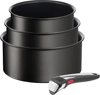T-fal Ingenio Lot de 4 pi&egrave;ces, Casseroles 16/18/20 cm + 1 poign&eacute;e amovible, Induction, Rev&ecirc;tement antiadh&eacute;sif, Empilable, Unlimited On L3959443, Noir