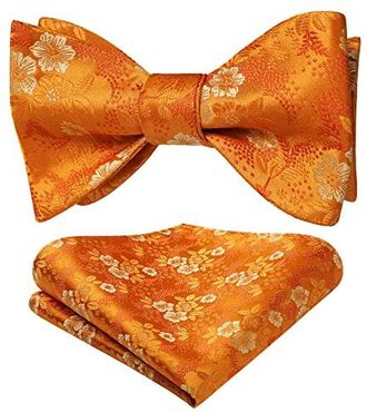 Hisdern Ensemble Noeud Papillon et Mouchoir pour Hommes Self Noeud Papillon Orange a Fleuri Paisley Jacquard Bow Tie De Fete Mariage