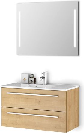 SIEPER I Waschtisch mit Unterschrank 90 x 50 cm und Spiegel mit Beleuchtung, Badmöbel Set Libato I Eiche Natur