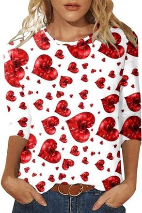 Generic T-shirt &agrave; col rond et manches trois-quarts pour la Saint-Valentin 2026, blanc, XXL