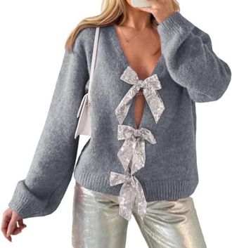 Generic Cardigan pour femme avec noeud &agrave; paillettes, manteau tricot&eacute; ouvert sur le devant, manches longues, col en V, m&eacute;lange de coton, gris, XXL