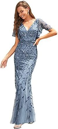 Ever-pretty Sirène Robe de Soirée Femme Longue Paillettes Manche Courte Feuilles Splendide Bleu Denim 52