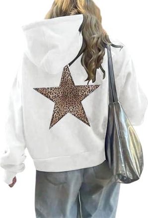 ORANDESIGNE Sweat à Capuche Étoile Léopard Guépard pour Femme Imprimé Graphique Polaire Y2K Streetwear Harajuku Hoodie A Blanc XS