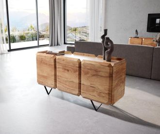 DELIFE Sideboard Kiano 145 cm Akazie Natur 3 T&uuml;ren V-Fu&szlig; Schwarz Raumteiler, Sideboards