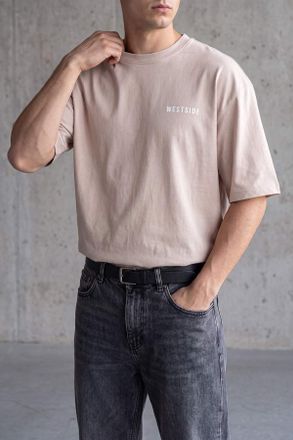 Trendyol MAN Herren Beige Slogan Kurz Oversize T-Shirts