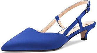 Castamere Bas Kitten Talon Heel Pointu Bout Escarpins Femmes Slingback Slip-on Sandales Mariage Bureau Party Dress 3.5 CM Heels Bleu Royal Satin 39 EU