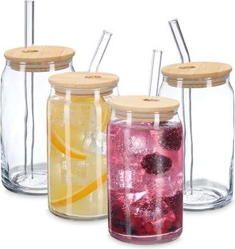 Relaxdays Trinkgl&auml;ser mit Bambusdeckel & Strohhalm, 4er Set, 450 ml, Gl&auml;ser f&uuml;r Eiskaffee, Smoothies, transparent/natur