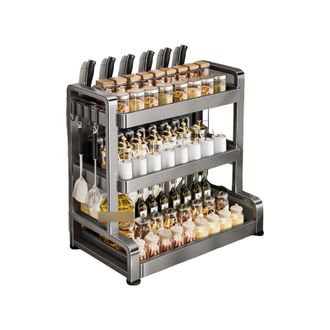 Generic 3-stufiges Gewürzregal, Lagerregal aus Kohlenstoffstahl for die Küchenarbeitsplatte, untere Schicht erhöht mit 4 Haken(35cm)