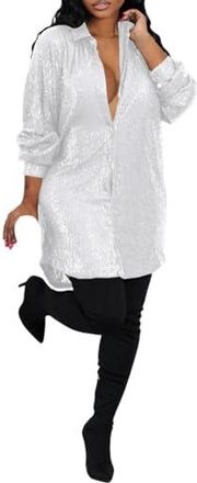 Generic Robe chemise ample &agrave; paillettes pour femme Printemps/Hiver Robe courte de demoiselle dhonneur Grande taille, blanc, XXL