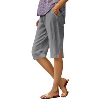 Generic Jupe-short d&eacute;t&eacute; en lin m&eacute;lang&eacute; pour femme, longueur genou, taille &eacute;lastique, jambes larges, avec poches et fentes lat&eacute;rales, pantalon court d&eacute;contract