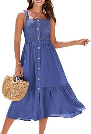 Grace Karin Robe dété décontractée pour femme - Coupe trapèze - Col carré - Boutonnière - Robe longue sans manches - Robe bohème - Bretelles spaghetti - Flowy - R