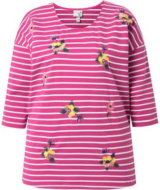 Ulla Popken T-Shirt Ringelshirt Stickerei Oversized Rundhals 3/4-Arm