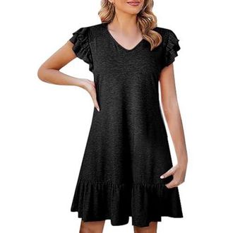 Generic Robe d&eacute;t&eacute; pour femme avec col en V, manches p&eacute;plum, manches courtes amples, Noir, XL