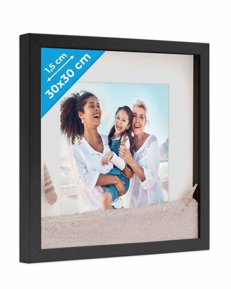 Photolini 3D Bilderrahmen zum Befüllen 30x30 Schwarz groß, 1,5 cm tiefer Objektrahmen mit Glas, tiefer Bilderrahmen 30x30 Holz MDF mit Passepartout, Dicker 3D R