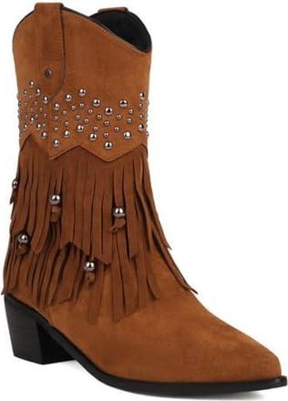 Generic Bottines western cowgirl pour femme avec pampilles clout&eacute;es d&eacute;coratives, larges mollets dhiver, chaussures habill&eacute;es r&eacute;tro pour lhiver, marron, 39.5 E