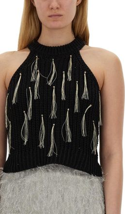 Alysi Fringe-Trimmed Cotton Blouse - Black