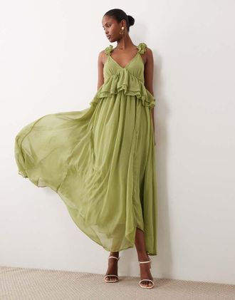 Vila Maxikleid aus Chiffon in kr&auml;ftigem Salbeigr&uuml;n mit R&uuml;schentr&auml;gern