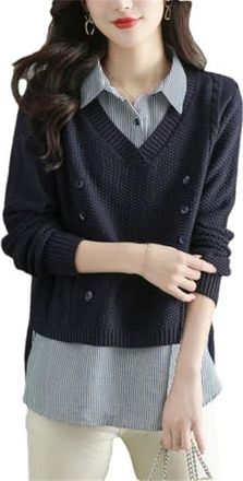 Generic Haut &agrave; manches longues pour femme - Faux tricot - Deux pi&egrave;ces - Pull dhiver ample, bleu marine, XL