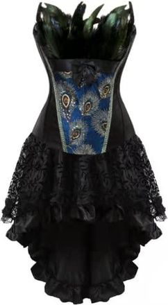 Grebrafan Corset Plume de Paon et Jupe Tulle Deguisement Halloween Femme Bustier (EUR(38-40) XL, Noir)