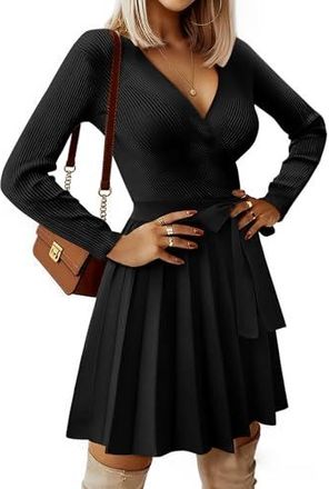 Heekpek PASUDA Robe Pull Femme Chic et Elegant Hiver Col en V Manches Longues Robe Casual Taille Haute A-Line Jupe Tunique Automne Tricot Robes pour Fête Soir