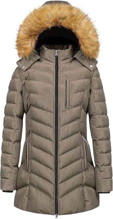 Generic Doudoune mi-longue pour femme - Manteaux dhiver matelass&eacute;s l&eacute;gers et imperm&eacute;ables avec capuche en fausse fourrure - Grande taille - Trench coat slim a