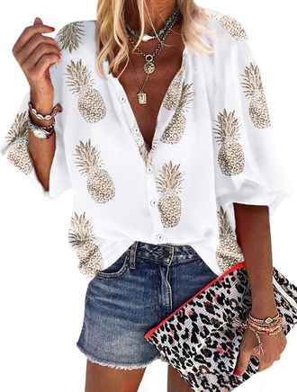 Dresswel Hawaii Hemd Damen Hawaiihemd 3/4 &Auml;rmel V-Ausschnitt Sommer Bluse Ananas Blumen Druck Kn&ouml;pfe Hemdbluse Strandshirt Hawaii Outfit Tuniken Blusenshirt To