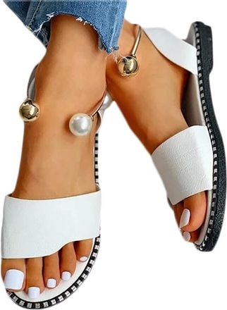 Onsoyours Damen Sandalen Sommer Sandaletten Perle Elegante Pumps Glitzer Hausschuh Slipper Sandals Abendschuhe Flip Flops Sommerschuhe E Wei&szlig; 38 EU