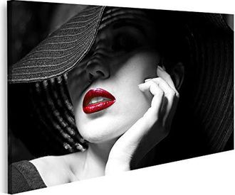 Islandburner Tableau Tableaux Femme myst&eacute;rieuse au chapeau noir L&egrave;vres rouges Cadre sur Toile Impression Photo Affiches