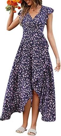 ORANDESIGNE Femme Dété Robe Longue Imprimé Floral Wrap Col en V Manches Courtes Ceinture à Volants Ourlet A-Line Boho Maxi Robes D Bleu Foncé XL