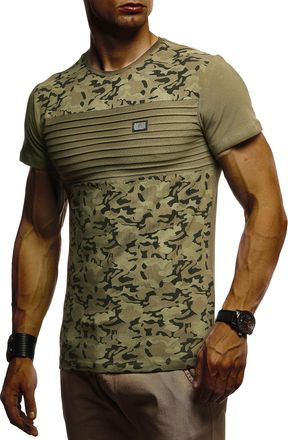 LEIF NELSON Herren Sommer T-Shirt Rundhals-Ausschnitt Slim Fit Baumwolle-Anteil Moderner M&auml;nner T-Shirt Crew Neck Hoodie-Sweatshirt Kurzarm lang LN405 Khaki XX-La
