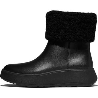 FitFlop F-Mode Bottines en cuir avec fermeture &eacute;clair et col en peau de mouton pour femme, tout noir, 39 EU