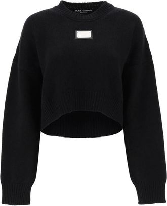 Dolce & Gabbana Femme, Pulls, Noir, Taille: 36 FR Logo Plaque Cropped Sweater
