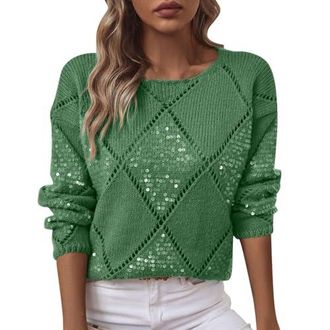Generic Pull en crochet &agrave; col rond et manches longues pour femme Motif losanges, vert fonc&eacute;, XXL