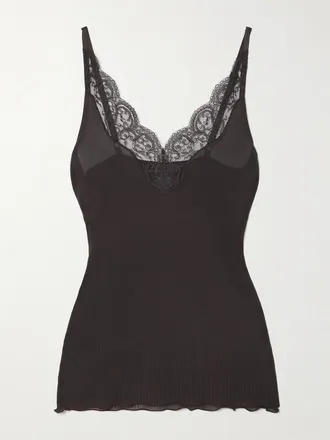 Saint Laurent Débardeur En Jersey De Soie Côtelé À Finitions En Dentelle - Marron