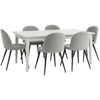 ebuy24 Venedig Essgruppe Tisch wei&szlig; 95x180/276 mit 2 Stk. Zusatzplatten 6 St&uuml;hlen Velour grau