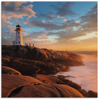 Artland ARTland Wanddeko Glasbilder Wandbild Glas Bild einteilig Quadratisch Strand Meer Leuchtturm Schottland Peggy Bucht Sonnenuntergang Natur S5XW