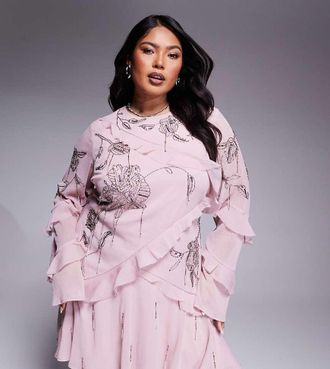 Asos Curve ASOS DESIGN Curve - Robe courte et ornementée avec dos ouvert et volants à bords bruts - Vieux rose