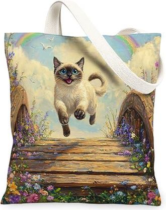 Generic Sac fourre-tout en toile motif chat siamois printanier 33 x 38,1 cm, sac d&eacute;picerie r&eacute;utilisable pour femme, motif floral amusant, plage, esth&eacute;tique, p