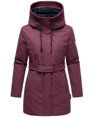 Navahoo Damen Parka Lange Winterjacke warm mit Taillengürtel und (abnehmbaren) Fleece-Kragen Eishauch 14 Wine Gr. XXL