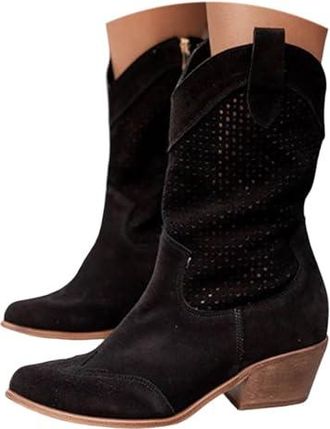 Generic Bottes de cowboy courtes pour femme, large largeur, couleur unie, confortables, bout pointu, talons bas, bottes de cowboy mi-mollet 2025 décontractées