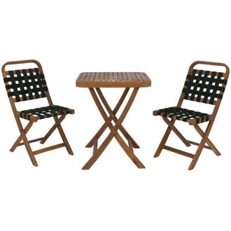 Hhg Garten-Set HHG-719, Sitzgruppe Balkon-Set Garnitur 2x Stuhl Tisch, Seilgeflecht Akazie Holz klappbar natur, gr&uuml;n
