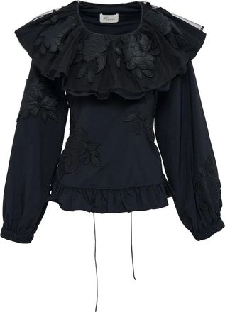Caroline Hu blouse brodée à volants - Noir