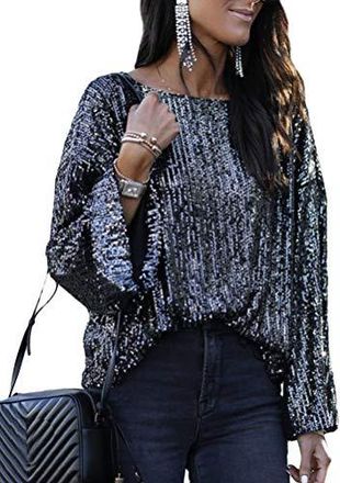 Onsoyours Femme Chemisier Chic Blouse Mode Brillant Manches Longues O Neck Slim Shirt Solide Casual Pull Tops Noir 40